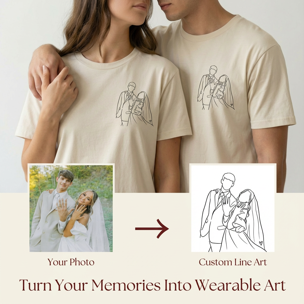 Custom Photo Line Art T-Shirt | Valentine's Day Couple Gift – All Custom